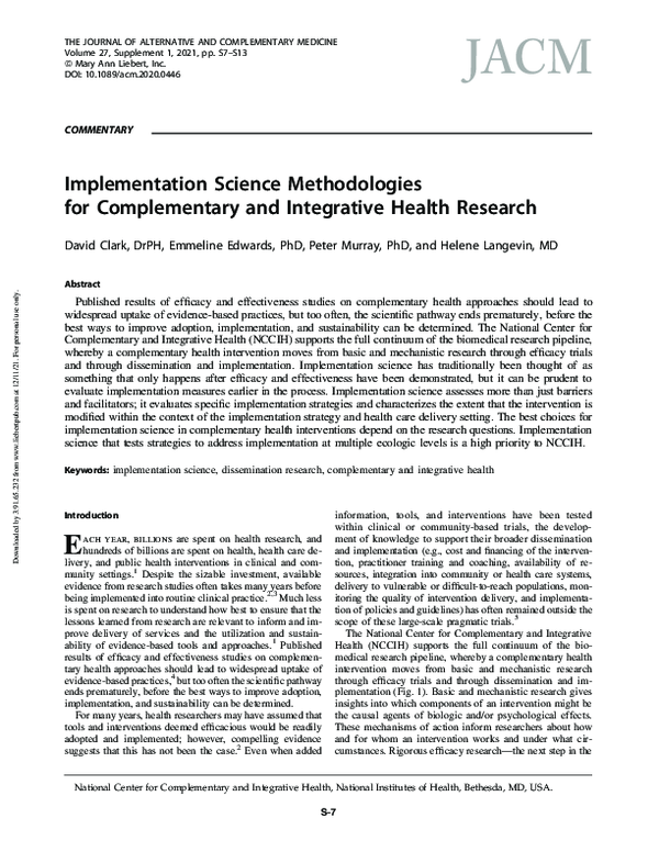 (PDF) Implementation Science Methodologies for Complementary and Integrative Health Research