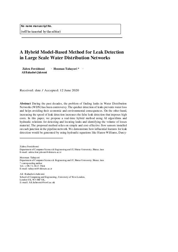 Pdf A Hybrid Model Based Method For Leak Detection In Large Scale Water Distribution Networks