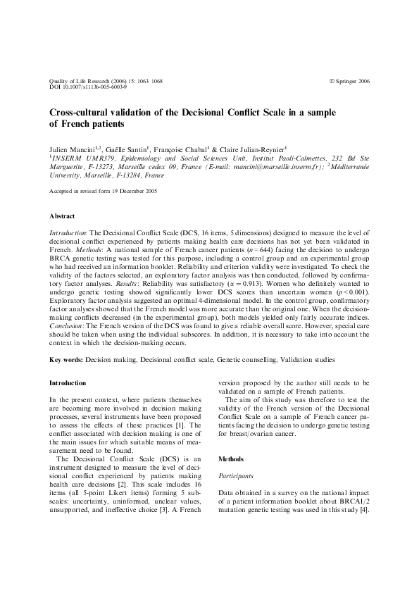 (PDF) Cross-cultural validation of the Decisional Conflict Scale in a ...