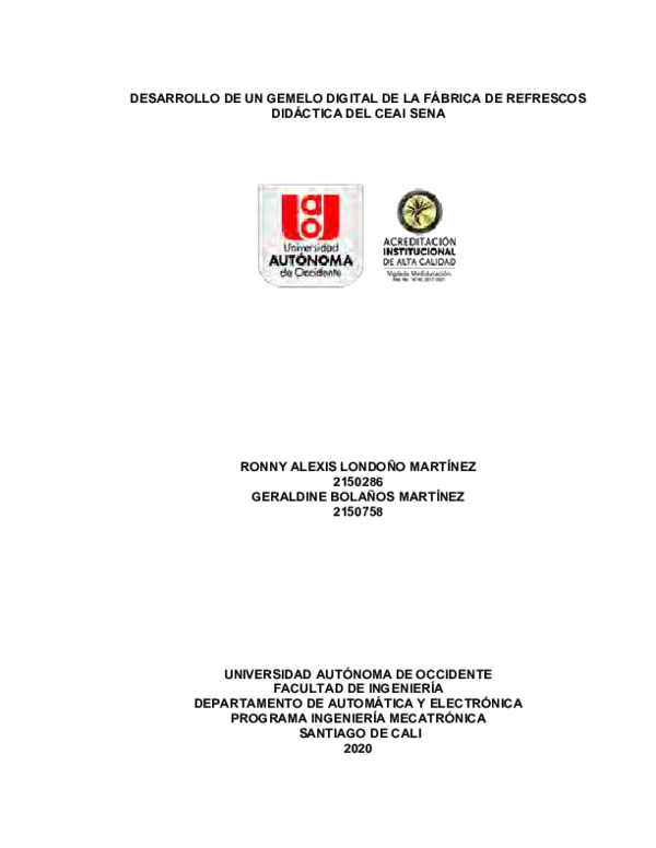 (PDF) Desarrollo de un gemelo digital de la fábrica de refrescos didáctica del CEAI SENA