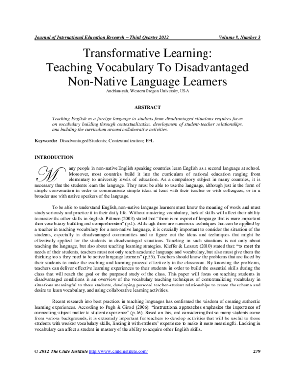 (PDF) Transformative Learning: Teaching Vocabulary To Disadvantaged Non-Native Language Learners