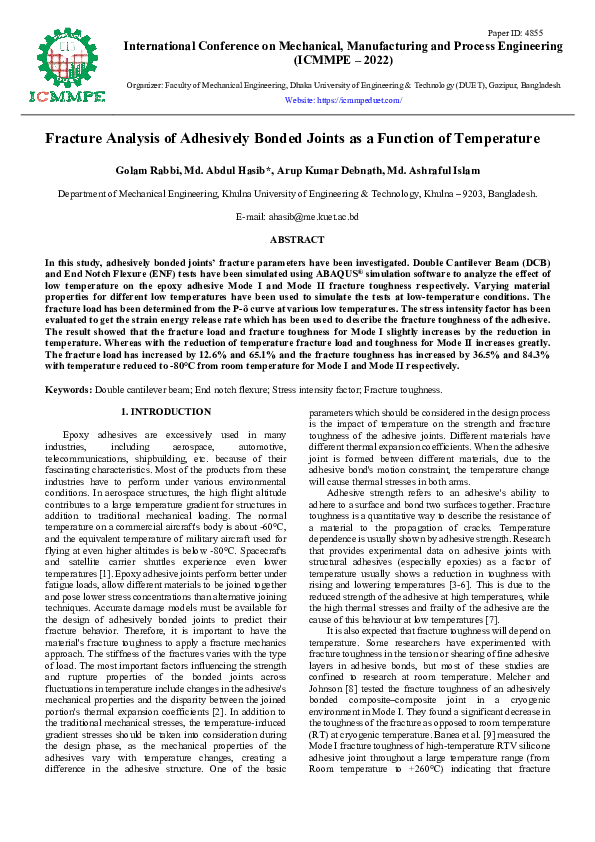 (PDF) Fracture Analysis of Adhesively Bonded Joints as a Function of Temperature