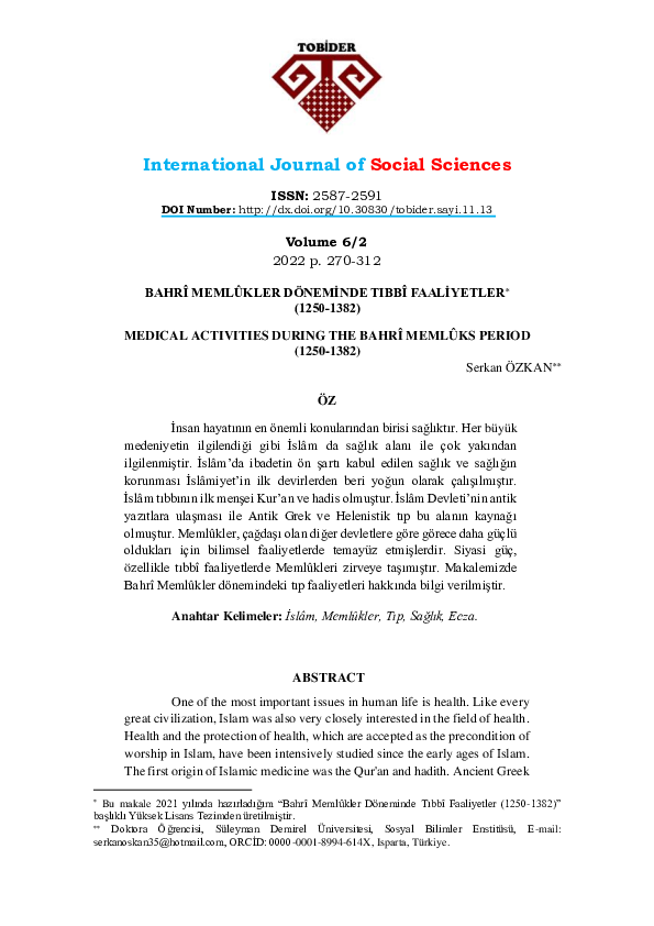 (PDF) Bahrî Memlûkler Dönemi̇nde Tibbî Faali̇yetler (1250-1382)