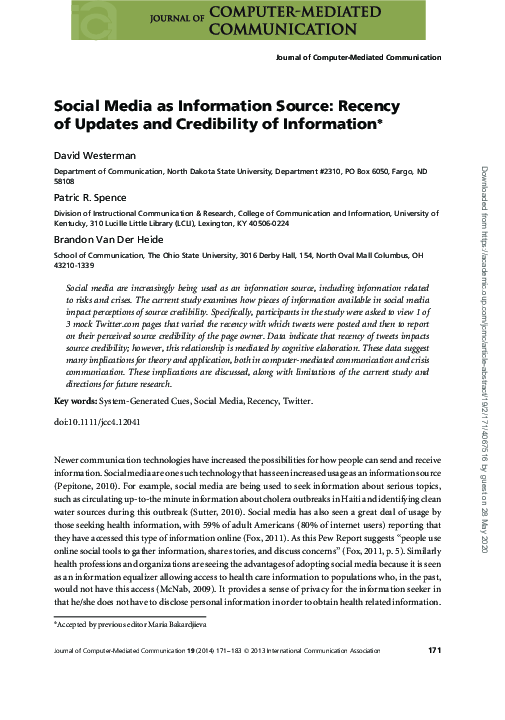 Pdf Social Media As Information Source Recency Of Updates And Credibility Of Information