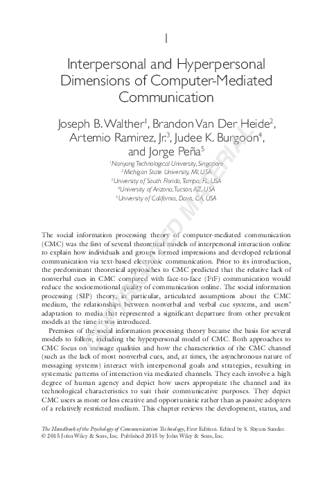 Pdf Interpersonal And Hyperpersonal Dimensions Of Computer‐mediated Communication