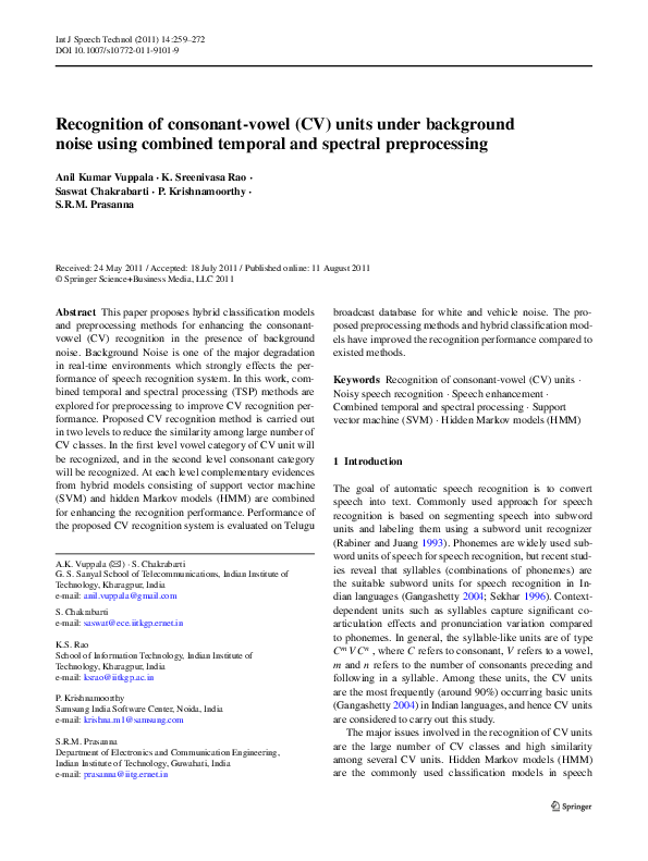 (PDF) Recognition of consonant-vowel (CV) units under background noise using combined temporal ...