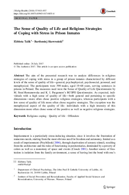 (PDF) The Sense of Quality of Life and Religious Strategies of Coping ...