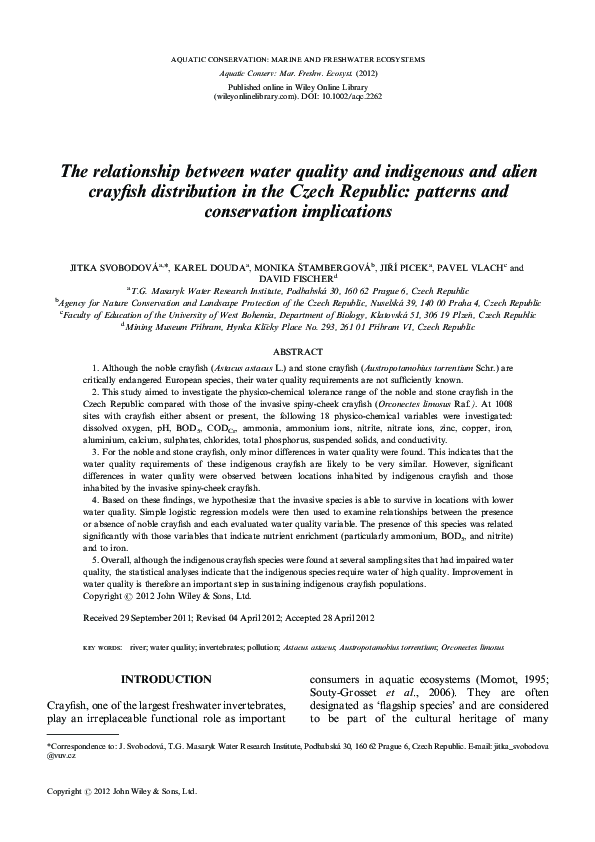 (PDF) The relationship between water quality and indigenous and alien crayfish distribution in ...