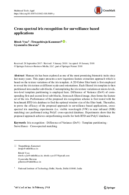 Pdf Cross Spectral Iris Recognition For Surveillance Based Applications Gyanendra Sheoran 