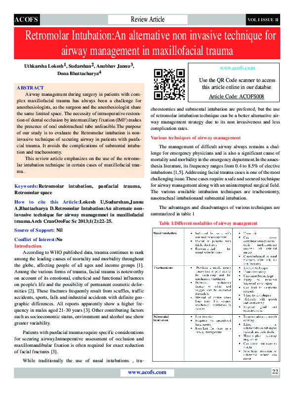 (PDF) Retromolar Intubation : An alternative non invasive technique for ...