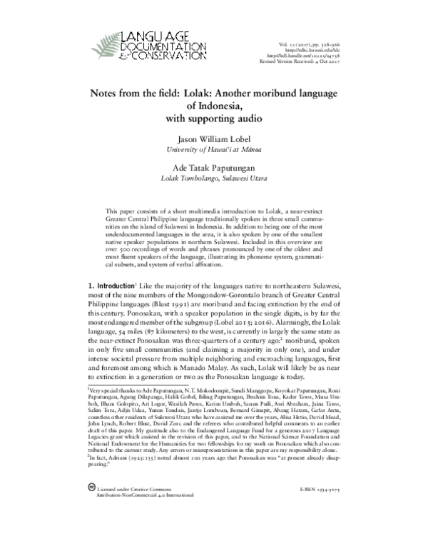 (PDF) Notes from the field: Another moribund language of Indonesia ...