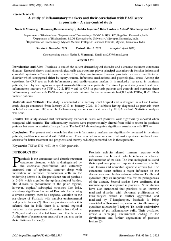 (PDF) A study of inflammatory markers and their correlation with PASI ...