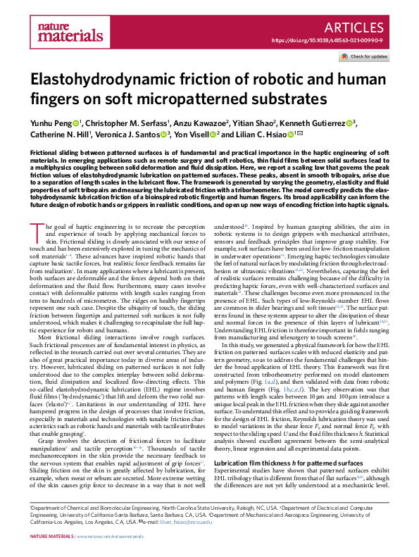 (PDF) Elastohydrodynamic friction of robotic and human fingers on soft ...