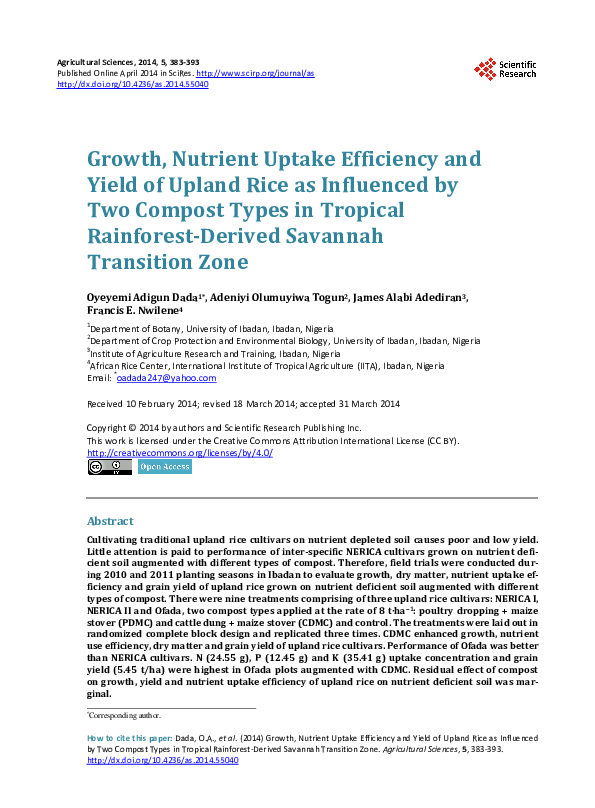 (PDF) Growth, Nutrient Uptake Efficiency and Yield of Upland Rice as Influenced by Two Compost ...