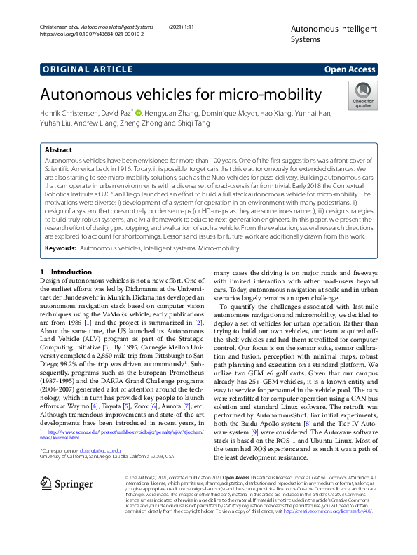 (PDF) Autonomous vehicles for micro-mobility