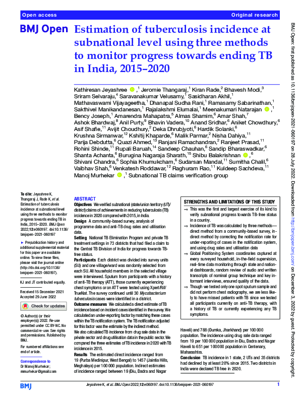 (PDF) Estimation of tuberculosis incidence at subnational level using three methods to monitor ...