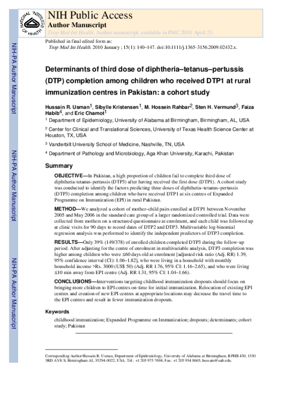 (PDF) Determinants of third dose of diphtheria tetanus pertussis (DTP ...