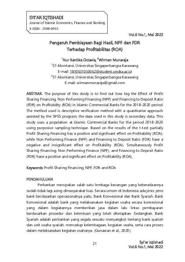 (PDF) Pengaruh Pembiayaan Bagi Hasil, NPF Dan FDR Terhadap Profitabilitas (ROA)