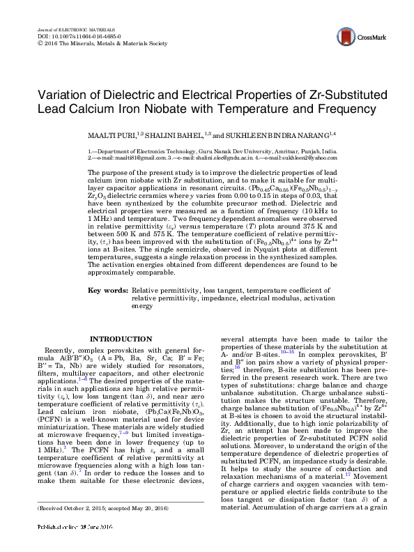 (PDF) Variation of Dielectric and Electrical Properties of Zr ...