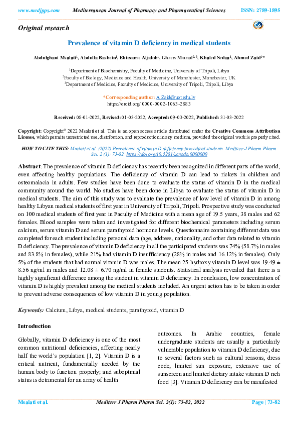 (PDF) Prevalence of vitamin D deficiency in medical students | Mediterr ...