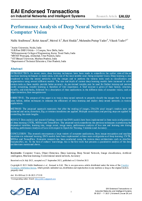 (PDF) Performance Analysis of Deep Neural Networks Using Computer Vision