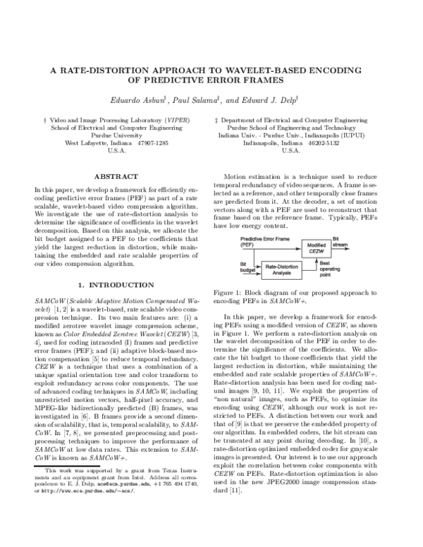 Pdf A Rate Distortion Approach To Wavelet Based Encoding Of Predictive Error Frames Edward