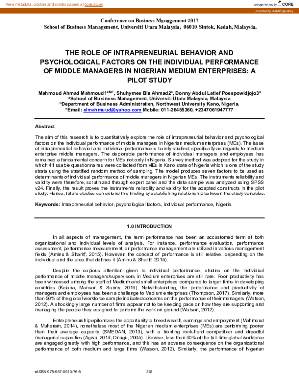 (PDF) The role of intrapreneurial behavior and psychological factors on the individual ...