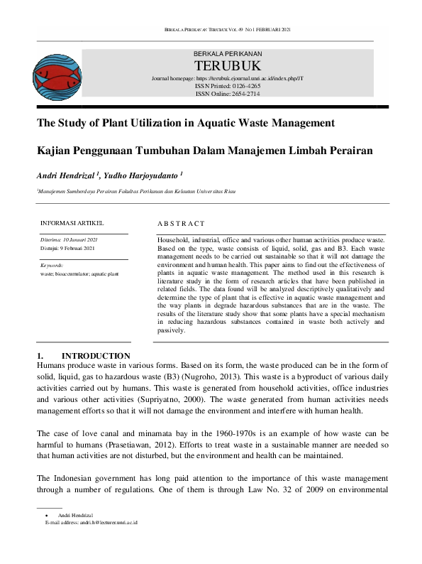 (PDF) The Study of Plant Utilization in Aquatic Waste Management