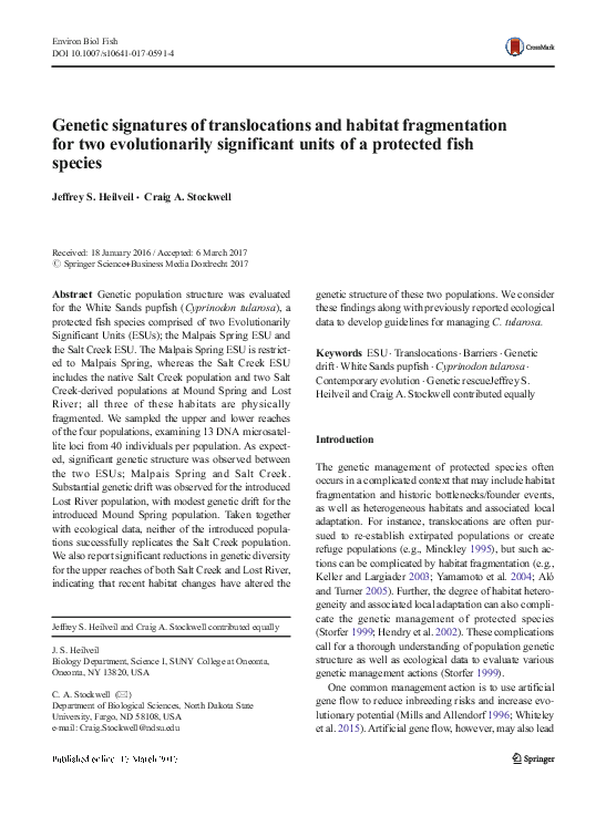 (PDF) Genetic signatures of translocations and habitat fragmentation ...