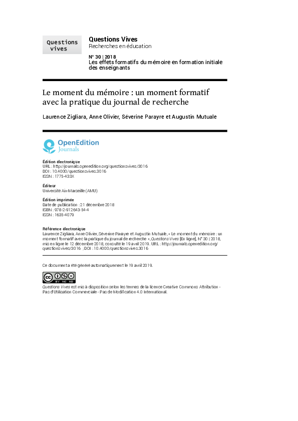 (PDF) Le moment du mémoire : un moment formatif avec la pratique du ...