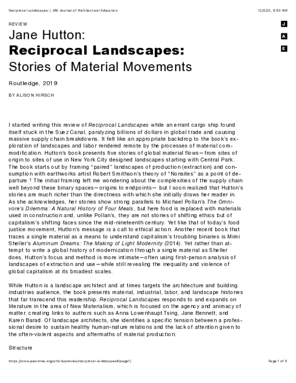 (PDF) BOOK REVIEW: Jane Hutton, Reciprocal Landscapes: Stories of Material Movements