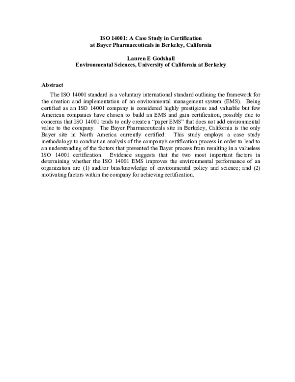 (PDF) Iso 14001 A Case Study In Certification At Bayer