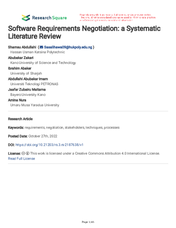(PDF) Software Requirements Negotiation: a Systematic Literature Review