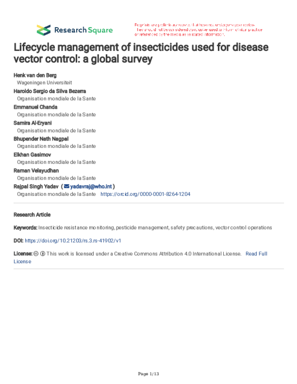 (PDF) Lifecycle Management of Insecticides Used for Disease Vector ...