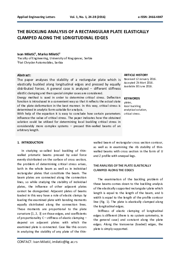 (PDF) THE BUCKLING ANALYSIS OF A RECTANGULAR PLATE ELASTICALLY CLAMPED ...