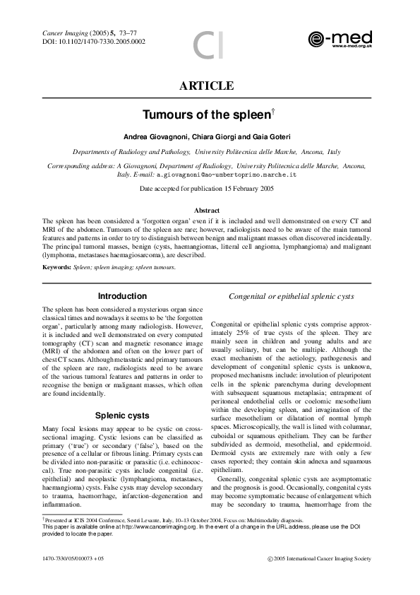 (PDF) Tumours of the spleen