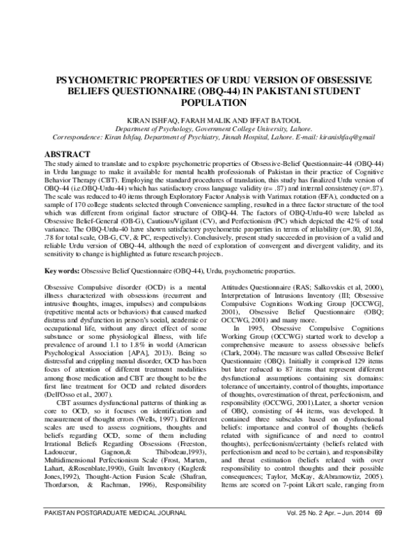 (PDF) Psychometric Properties of Urdu Version of Obsessive Beliefs ...
