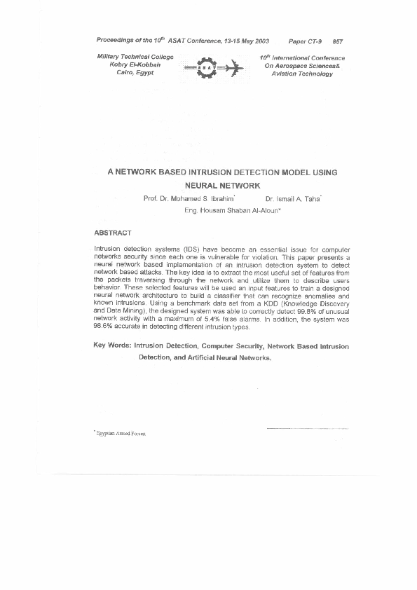 (PDF) A Network Based Intrusion Detection Model Using Neural Network