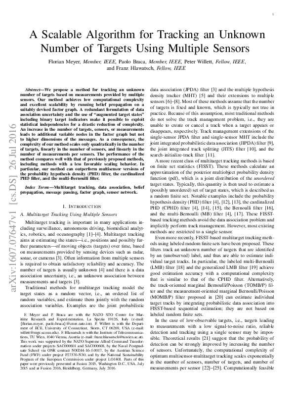(PDF) A Scalable Algorithm for Tracking an Unknown Number of Targets Using Multiple Sensors