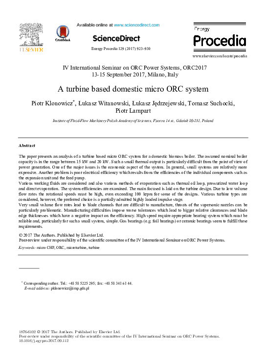 (PDF) A turbine based domestic micro ORC system