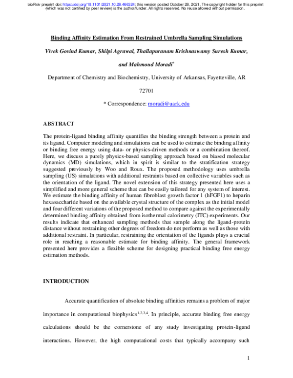 Pdf Binding Affinity Estimation From Restrained Umbrella Sampling