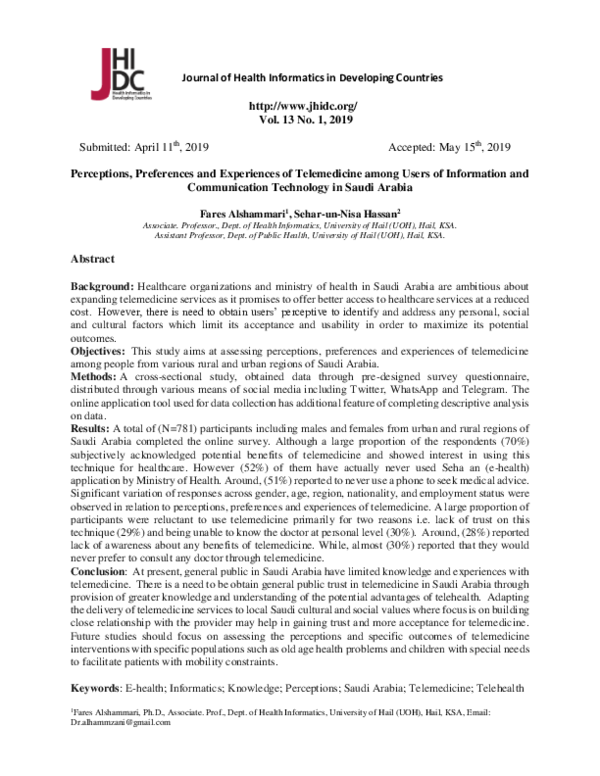 (PDF) Perceptions, Preferences and Experiences of Telemedicine among Users of Information and ...