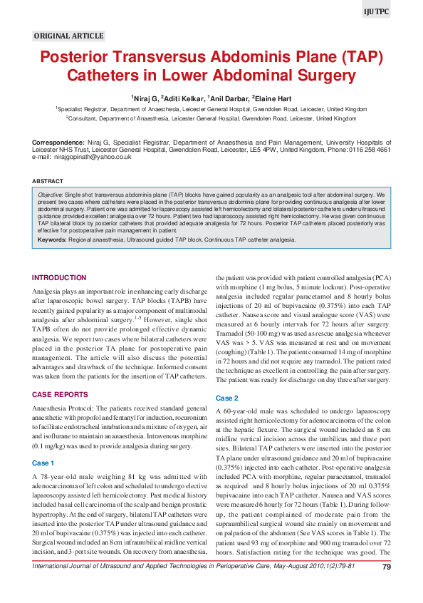 Posterior Transversus Abdominis Plane (TAP) Catheters in Lower ...