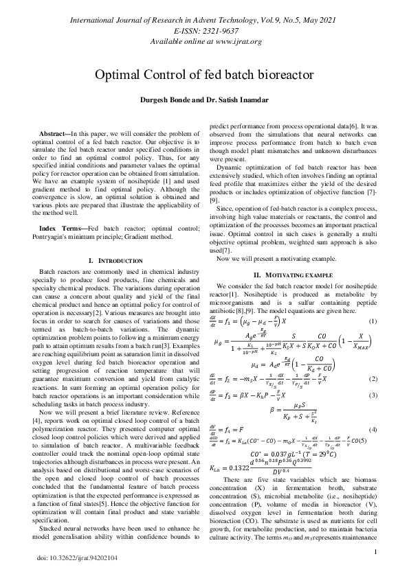 (PDF) Optimal Control of fed batch bioreactor