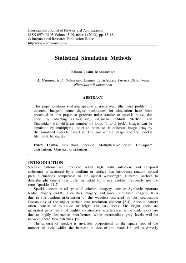 (PDF) Statistical Simulation Methods