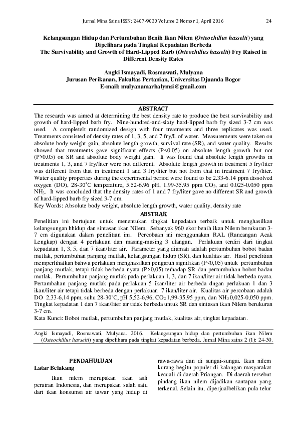 (PDF) Kelangsungan Hidup Dan Pertumbuhan Benih Ikan Nilem (Osteochillus hasselti) Yang ...