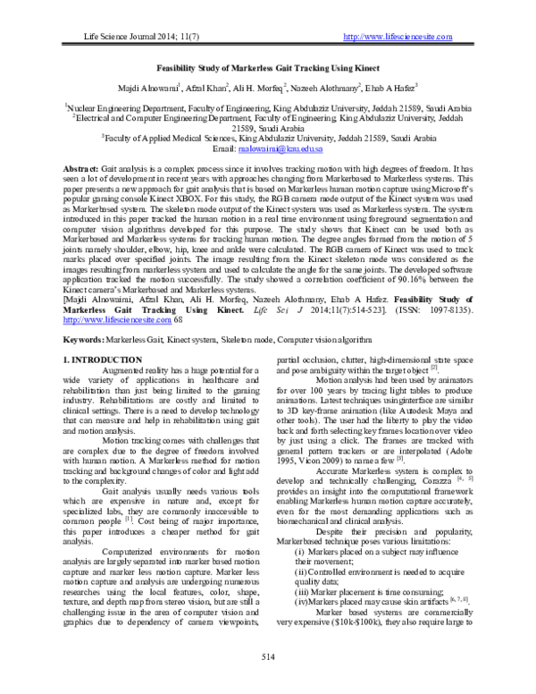 (PDF) Feasibility Study of Markerless Gait Tracking Using Kinect