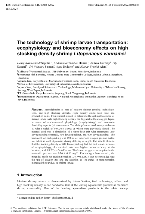 (PDF) The technology of shrimp larvae transportation: ecophysiology and ...
