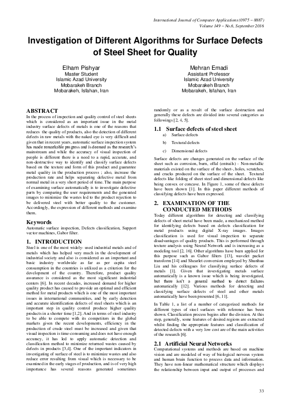 Pdf Investigation Of Different Algorithms For Surface Defects Of Steel Sheet For Quality