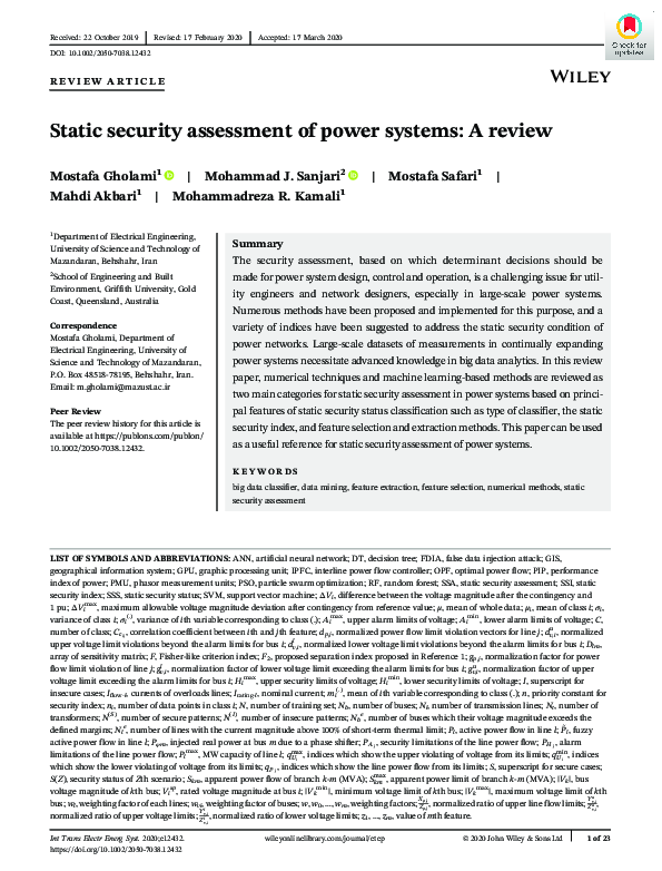 (PDF) Static security assessment of power systems: A review